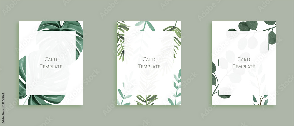Set of modern card templates. Decorated with wild leaves in green theme ...