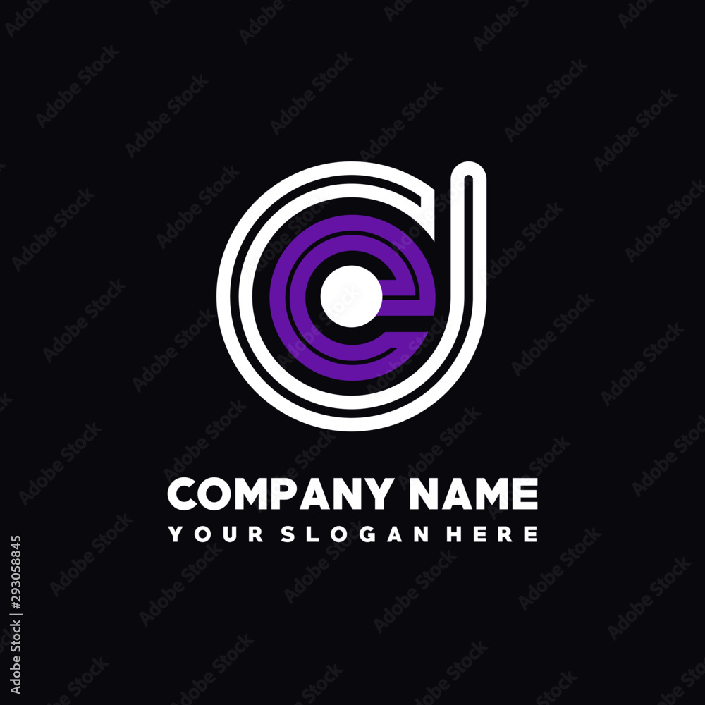 initial letter DE logo, round logo white, purple lowercase letters ...