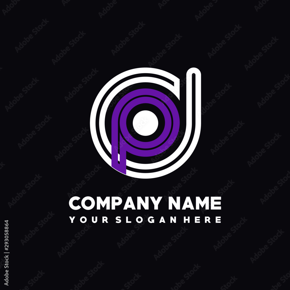 initial letter DP logo, round logo white, purple lowercase letters ...