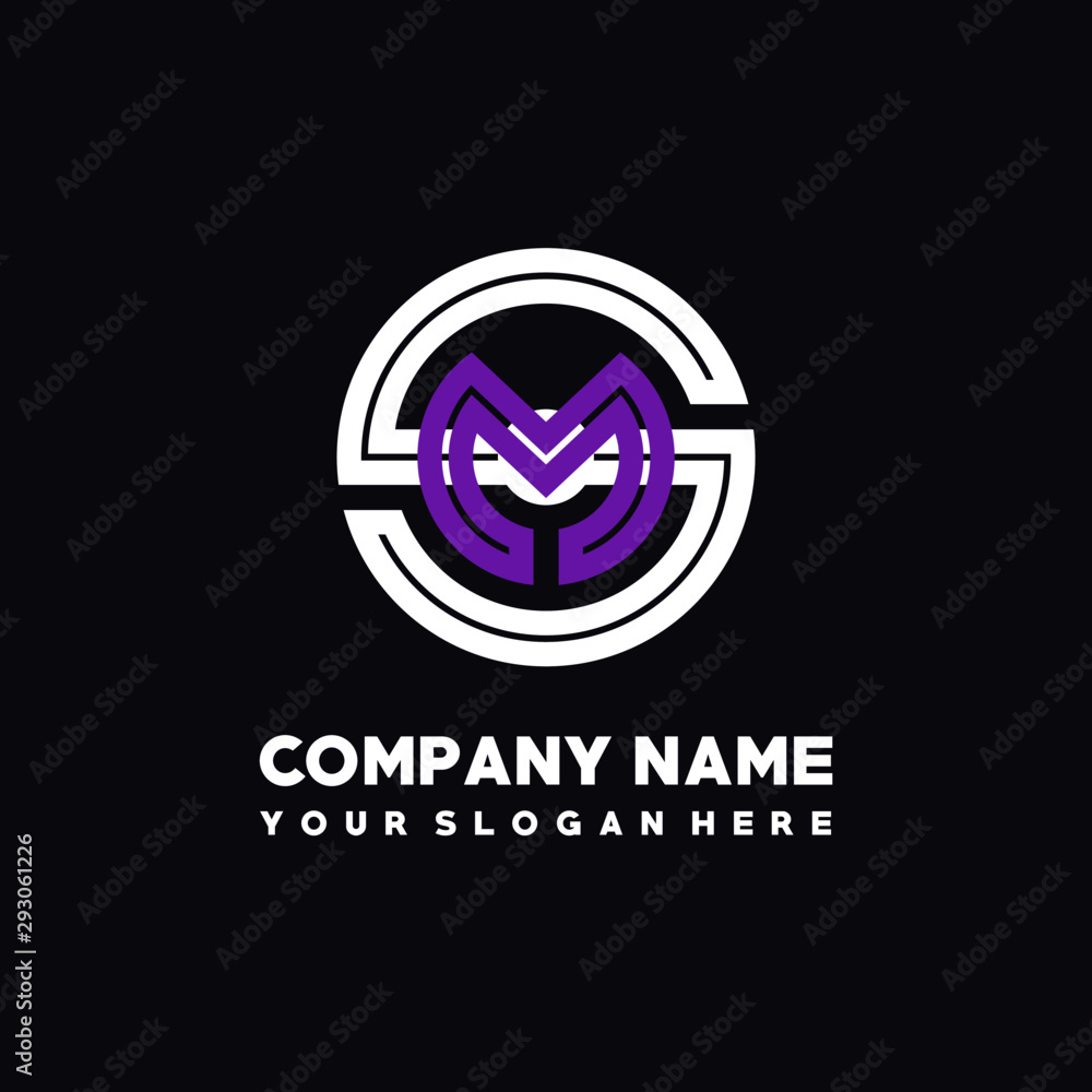 initial letter SM logo, round logo white, purple lowercase letters ...