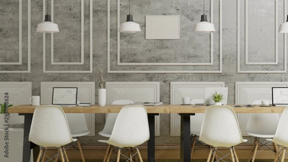 modern classic room interior, gray concrete wall, home office, pan ...