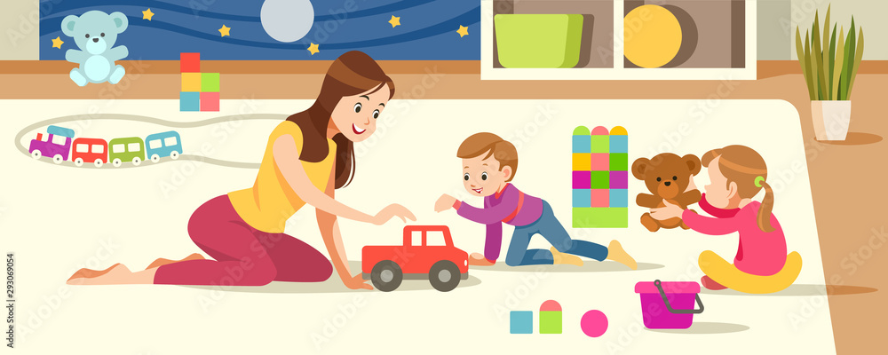 Children s creativity. Mother And Children Playing With toys in the ...