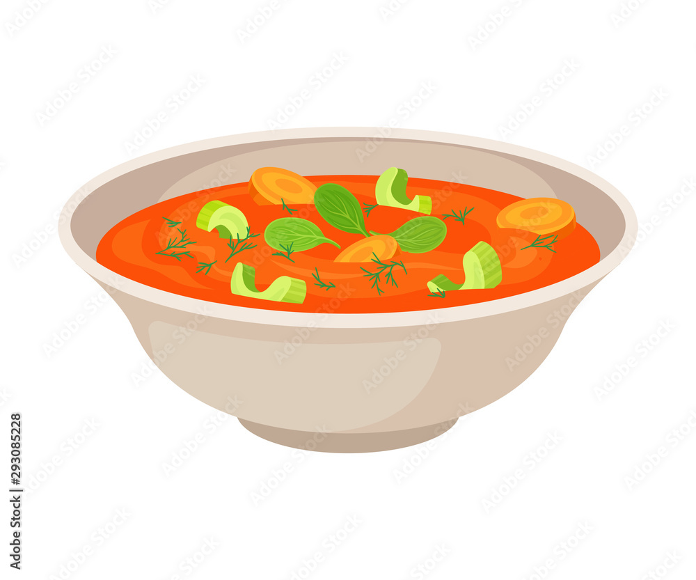 Vector Illustraion Of Vegetable Soup In Porcelain Bowl Isolated On ...