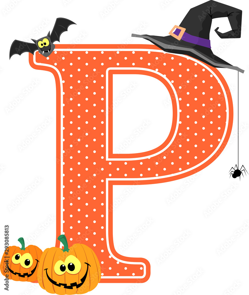 capital letter p with smiling pumpkins and halloween design elements ...