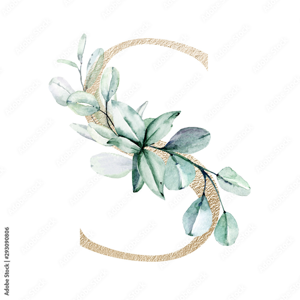 Letter S, gold floral alphabet with watercolor leaves eucalyptus ...