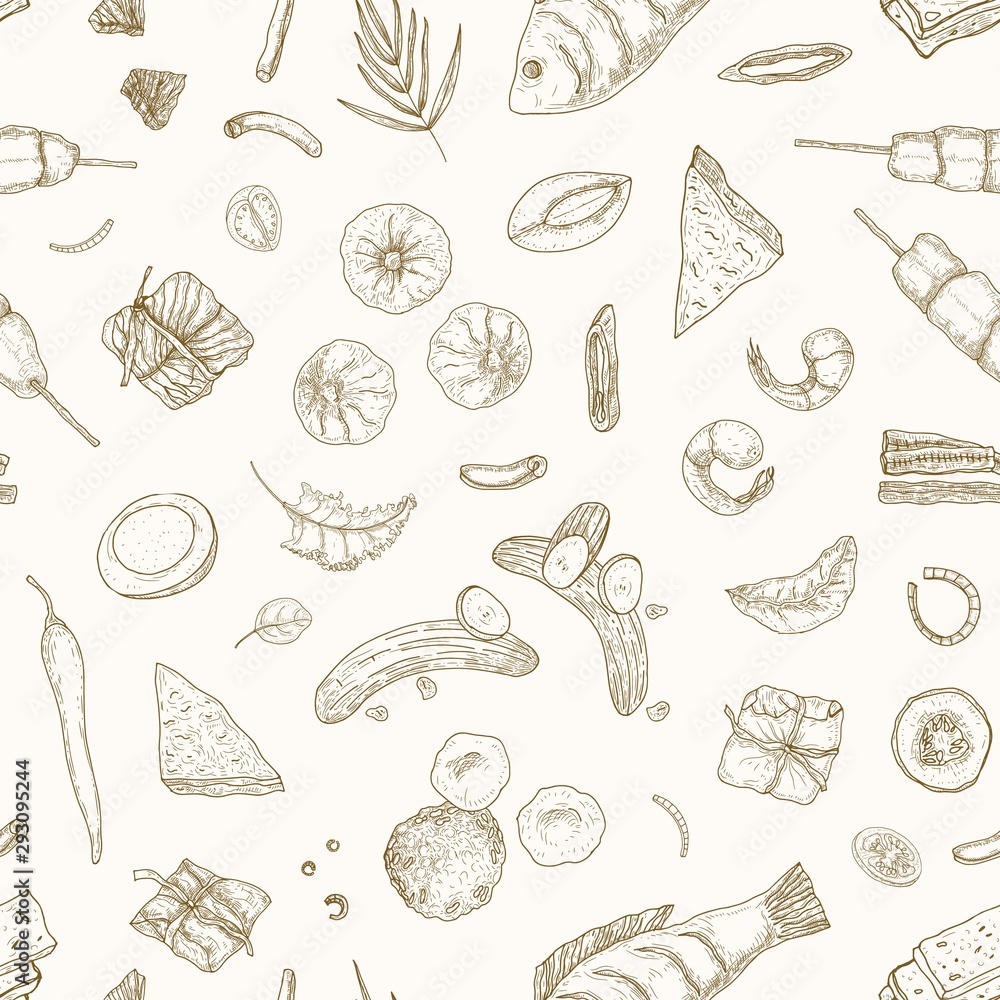 Malaysian food hand drawn vector seamless pattern. Asian traditional ...