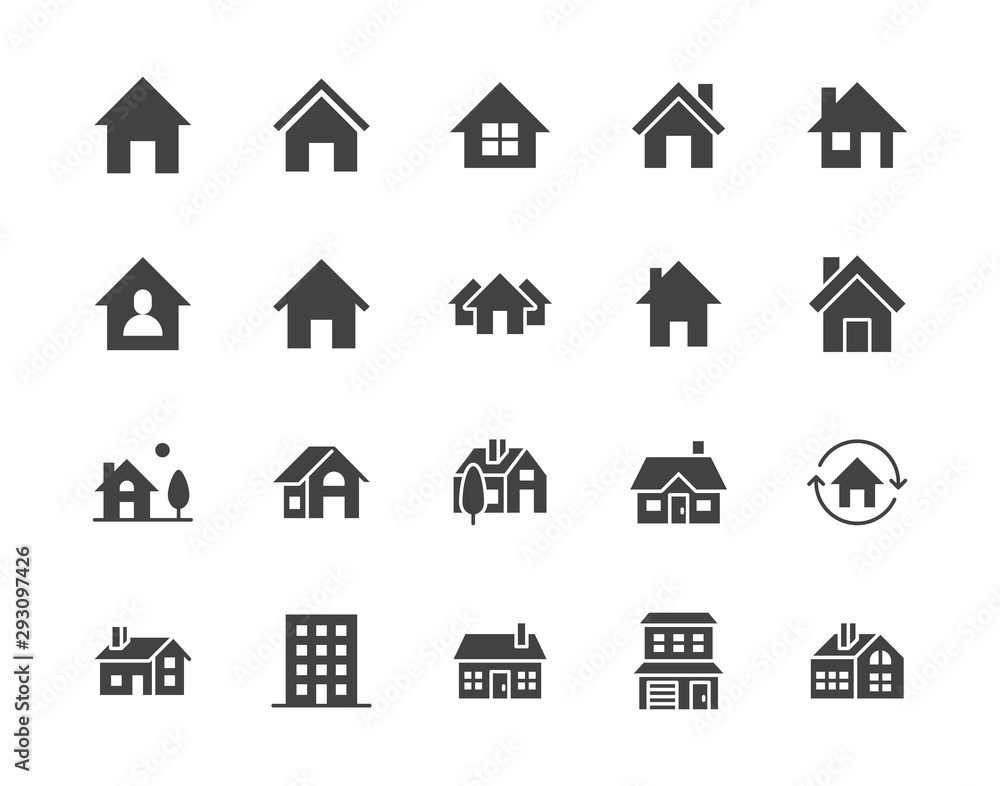 Houses flat glyph icons set. Home page button, residential building ...