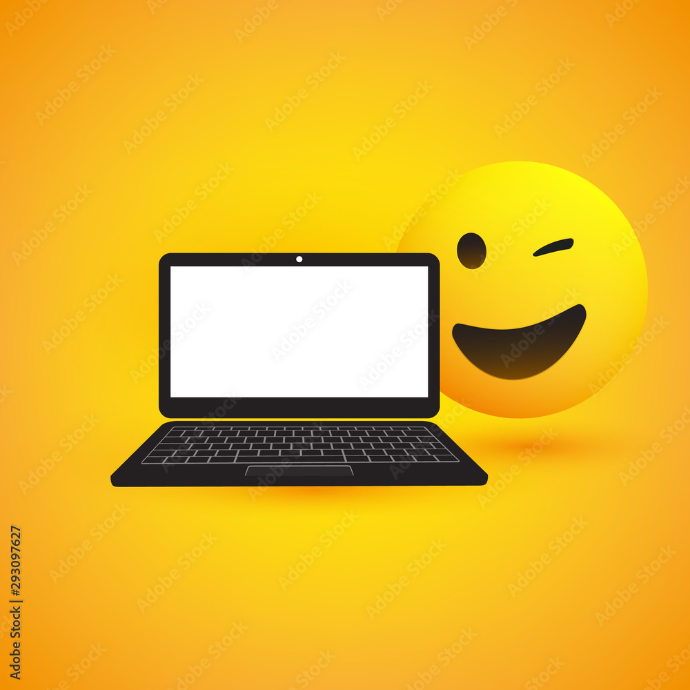 Emoji, Emoticon Design with Winking Eye and Laptop Computer on Yellow ...