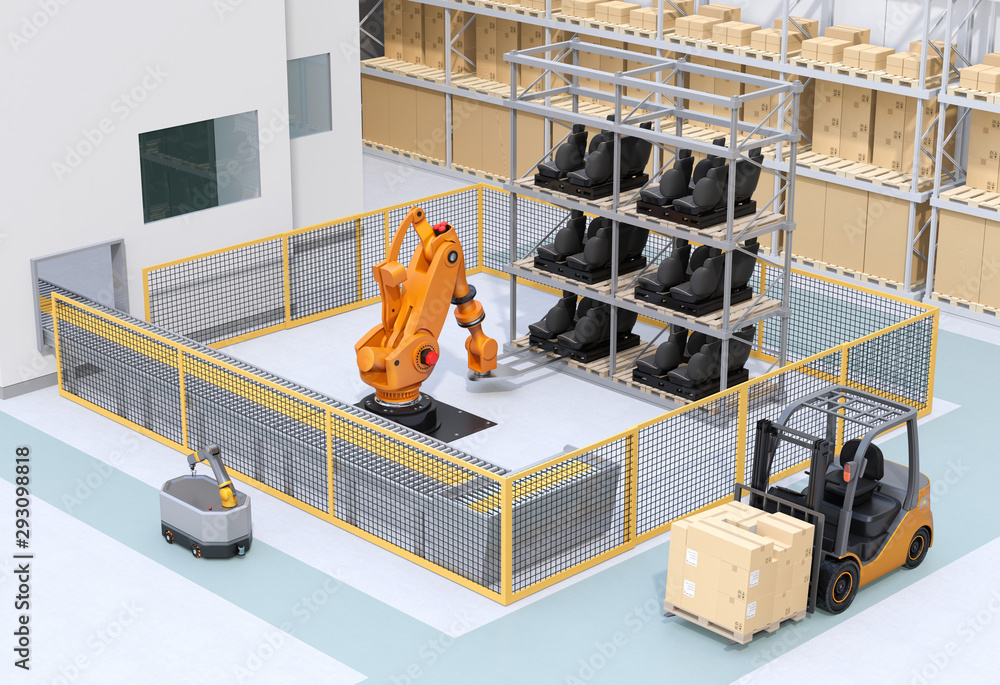 Mobile robot passing heavy payload robot cell in factory. 3D rendering ...