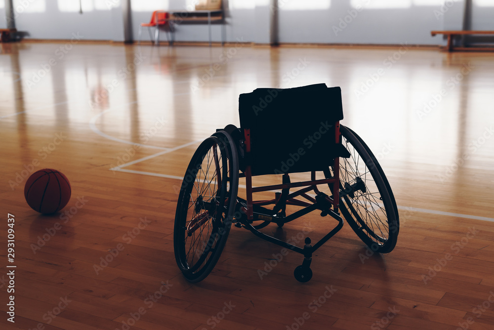 Basketball wheelchair on basketball court before training begining ...