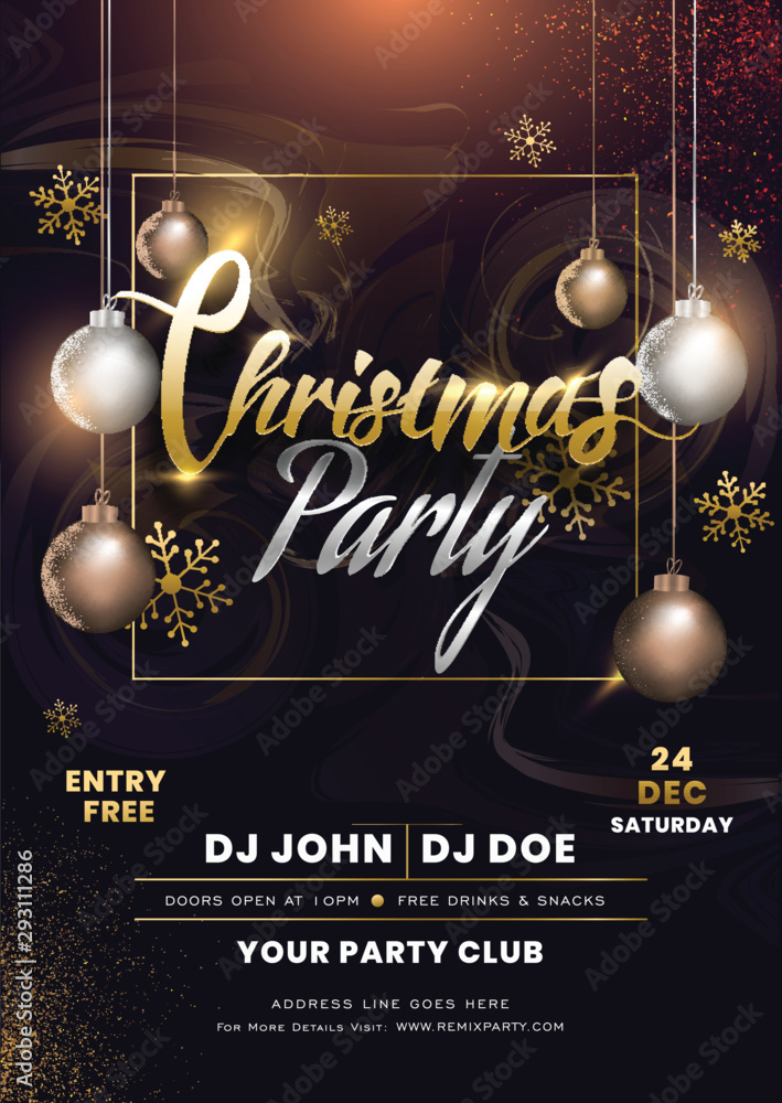 Christmas Party invitation card design with hanging baubles and ...