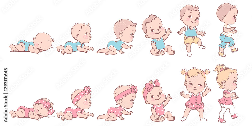 Baby girl and boy in row. Set of child health and development icons in ...