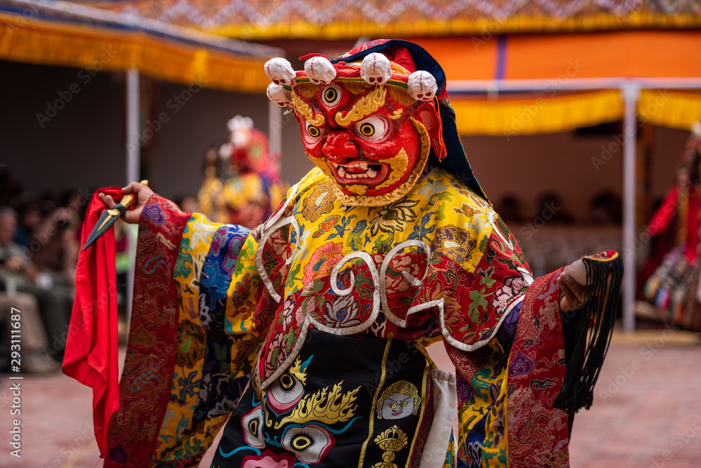 Monk performing a ritual dance in Takthok monastery, Ladakh Stock Photo ...