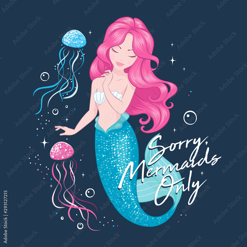 Pink hair mermaid on a dark background. Cute Mermaid with jellyfish ...