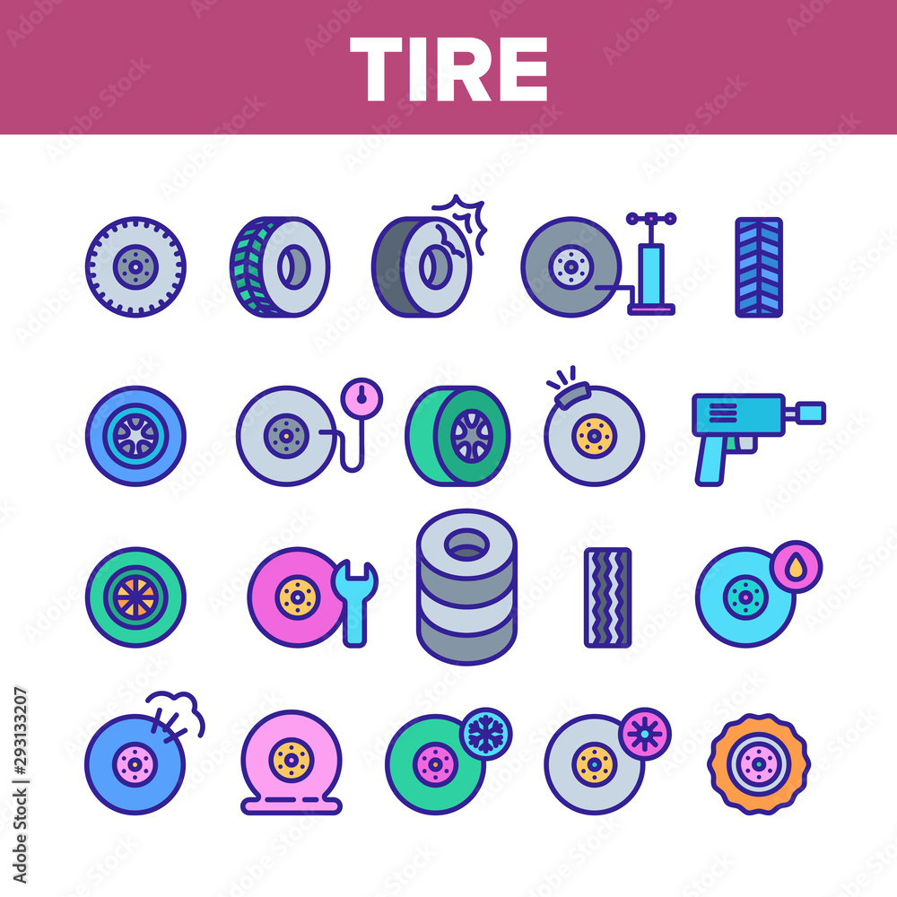 Tire Wheel Collection Elements Icons Set Vector Thin Line. Low Pressure ...