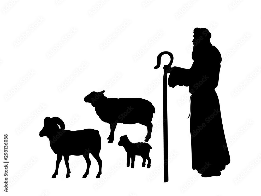 Holiday silhouettes christmas Nativity. Shepherd grazes flock sheep ...