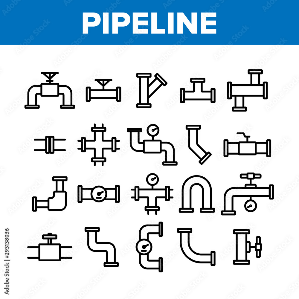 Pipeline Collection Elements Icons Set Vector Thin Line. Steel Pipeline ...