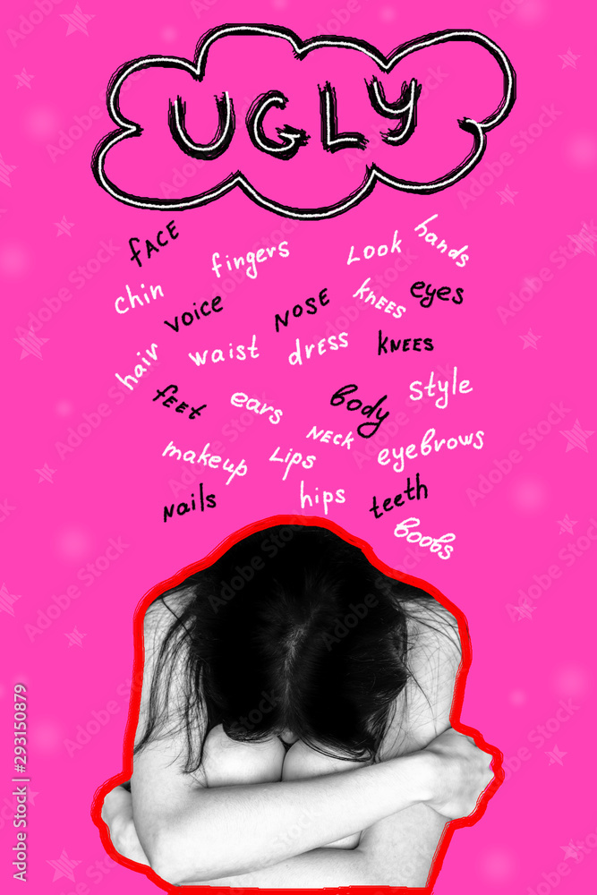Sad girl embraces her knees and cries because of body shaming Stock ...