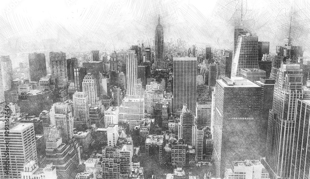 Realistic drawing of a big city with a graphite pencil style Stock ...