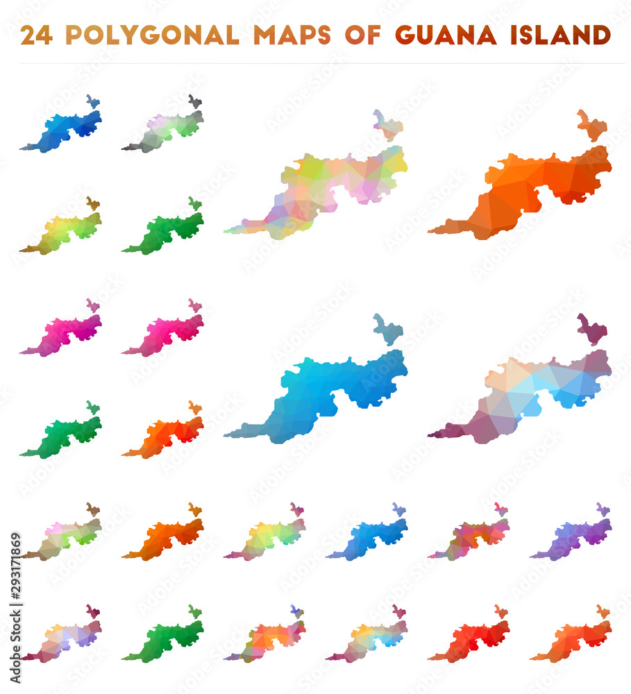 Set of vector polygonal maps of Guana Island. Bright gradient map of ...