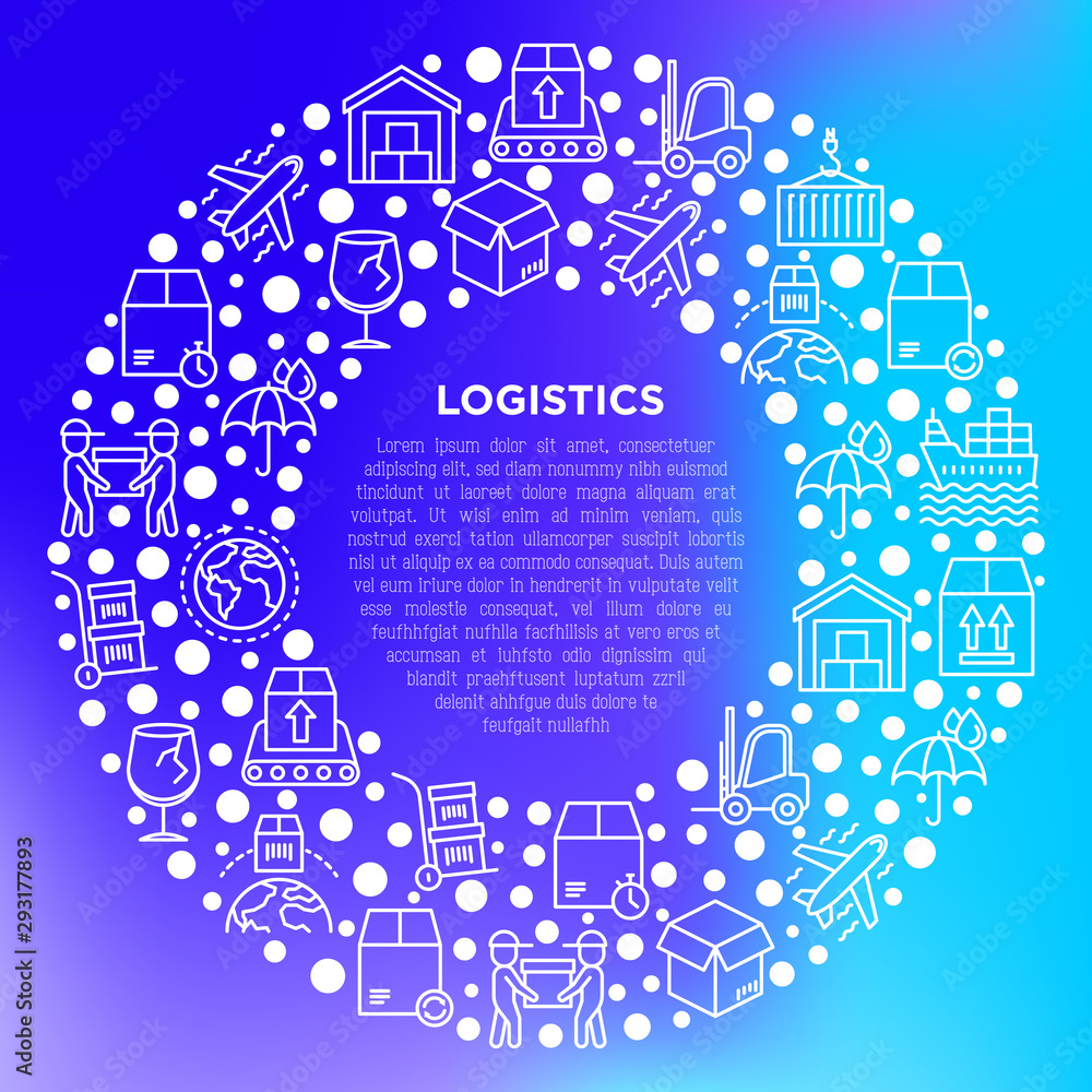 Logistics concept in circle with thin line icons: forklift loader ...