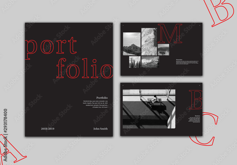 Black Portfolio Layout with Red Accents Stock Template | Adobe Stock