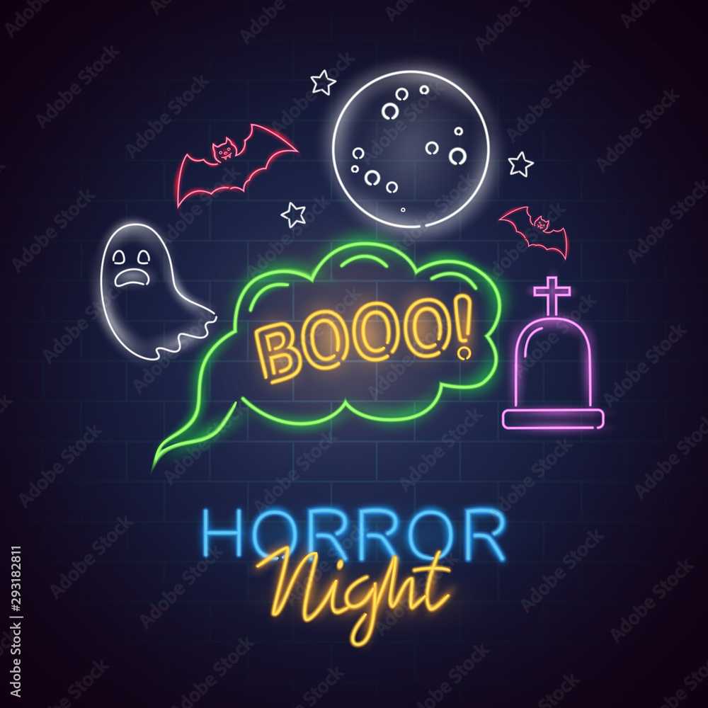 Horror Night neon sign. Halloween Poster Design template neon sign ...
