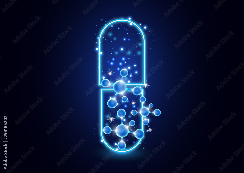 Abstract neon capsule, pill with molecules. The concept of medicine ...