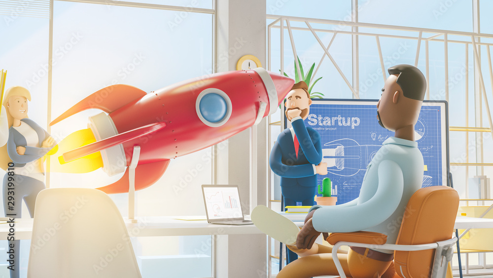 Concept of creative team. Modern office. 3d illustration. Cartoon ...