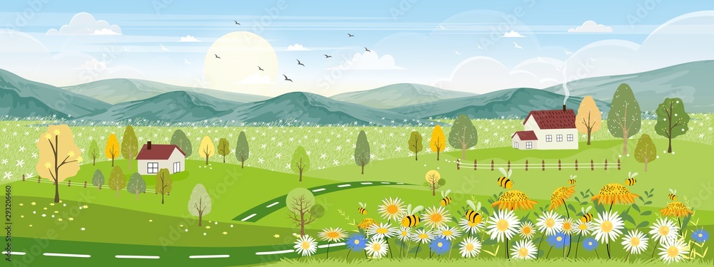 Cute cartoon panorama landscape of Spring field and wild flowers with ...
