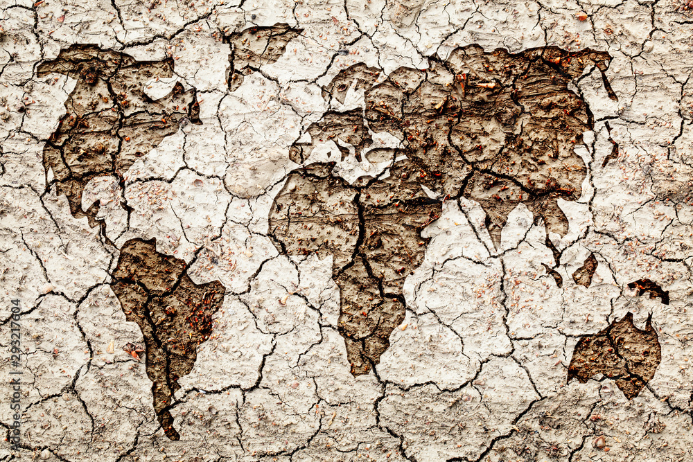 World map embed on dry cracked surface earth, water and earth ...