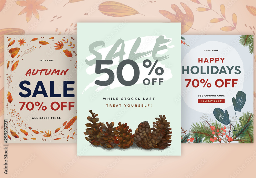 Seasons Change Botanical Illustration Flyer Set Stock Template | Adobe ...