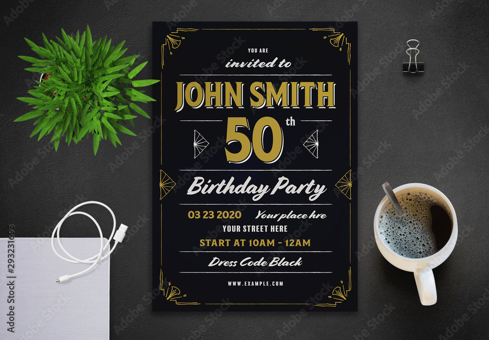 Dark Blue Birthday Flyer Layout with Art Deco Elements Stock Template ...