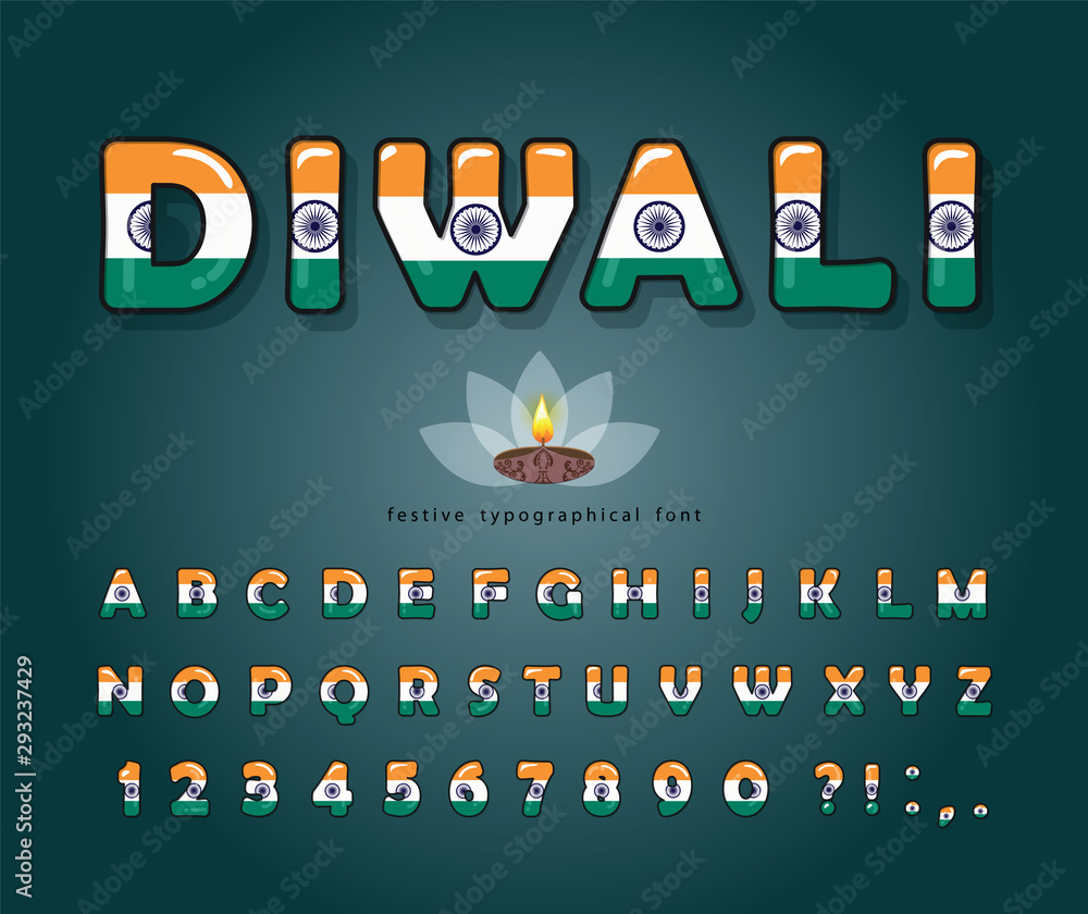 Diwali cartoon font. Indian national flag colors. Traditional light ...