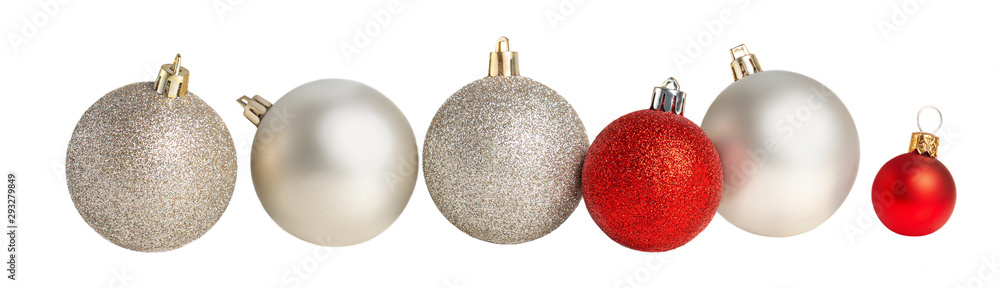 Christmas balls in a row Isolated. Collection of Xmas baubles on white ...