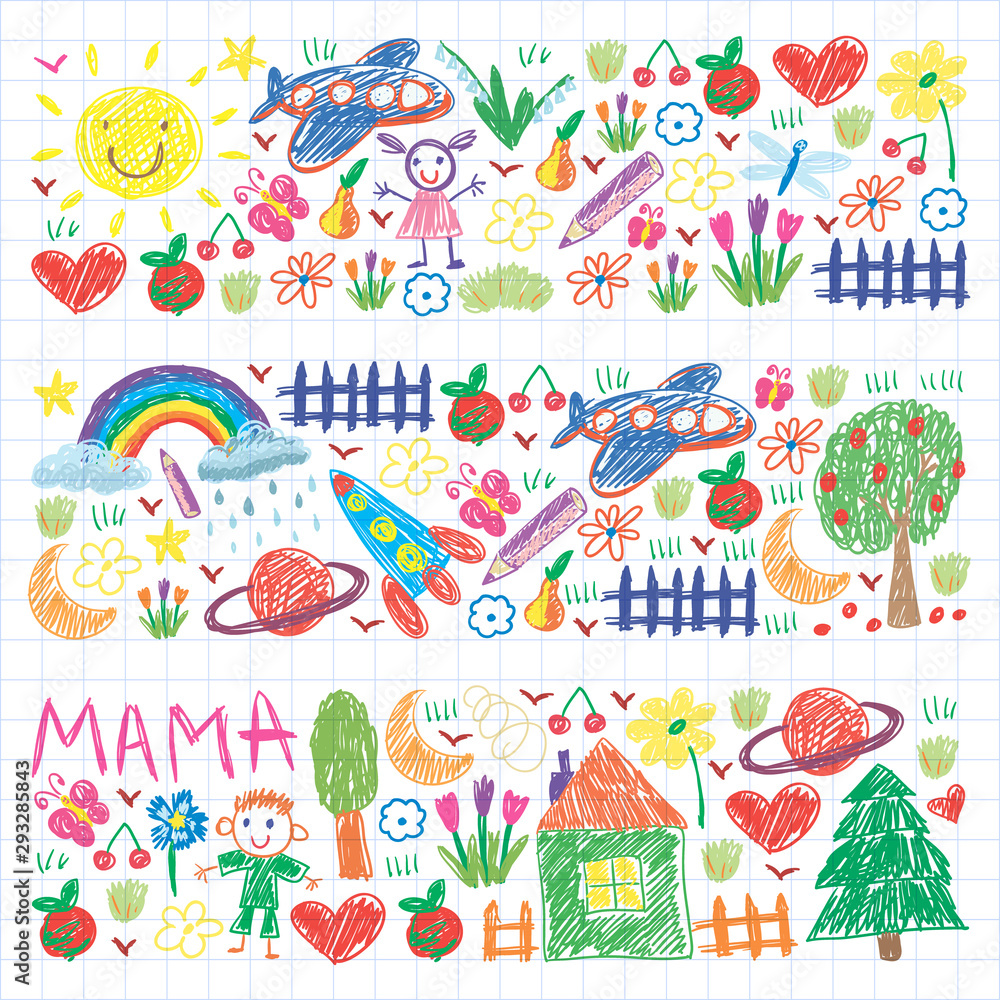 Kindergarten pattern with funny kids drawing. Vector illustration ...