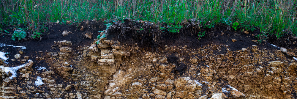 Soil cut-sandstone, stones, clay, sand structure and layers. slice of ...