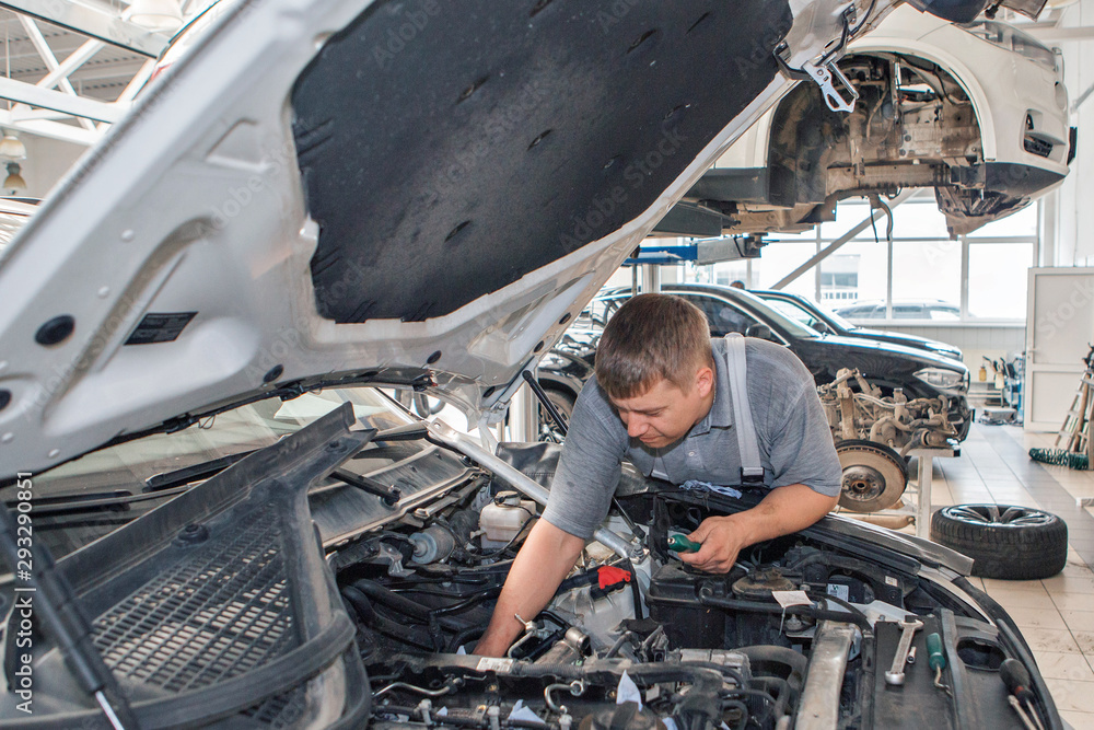 Car repair and cleaning concept - car engine close-up, wiping parts ...