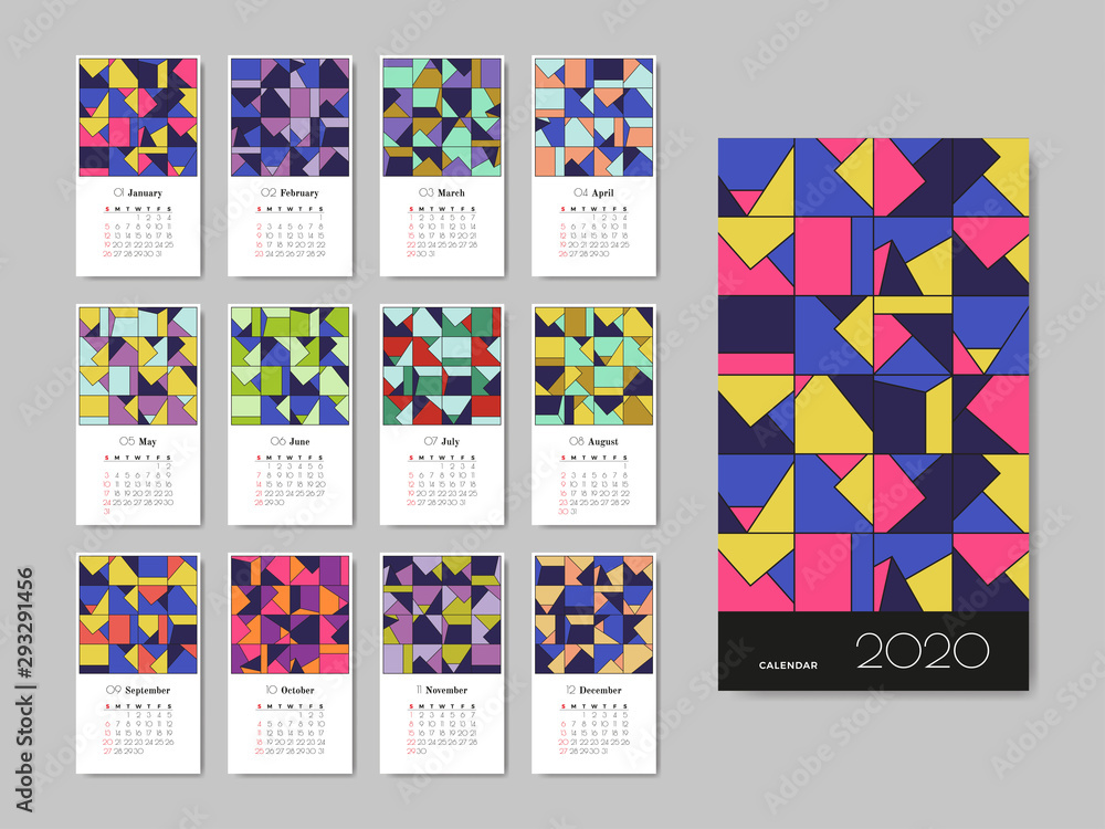 Wall Calendar 2020 with abstract colorful geometric pattern. Bright ...
