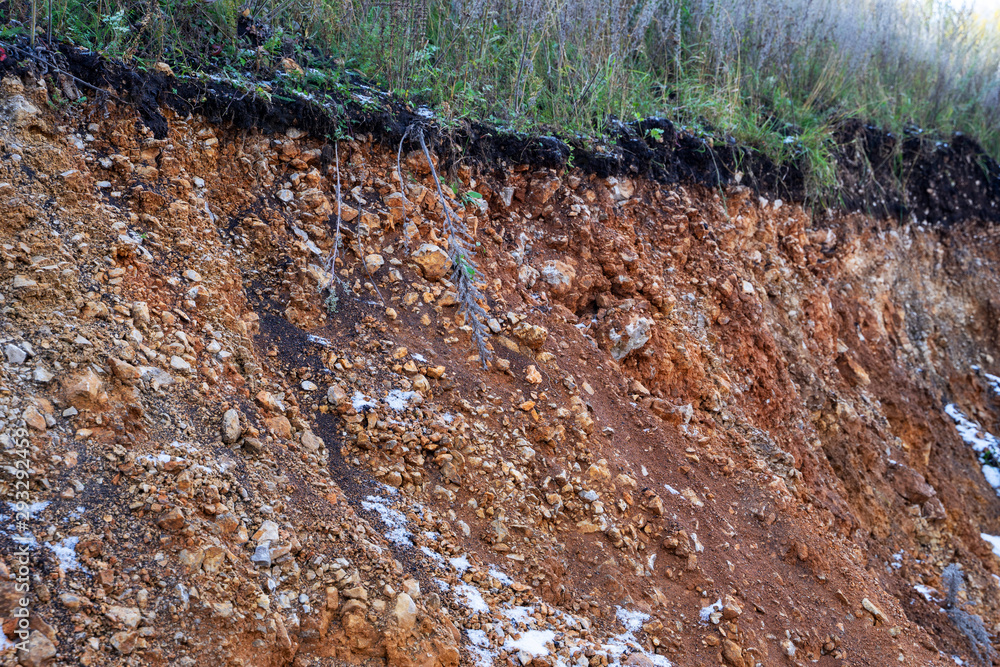 Soil cut-sandstone, stones, clay, sand structure and layers. slice of ...