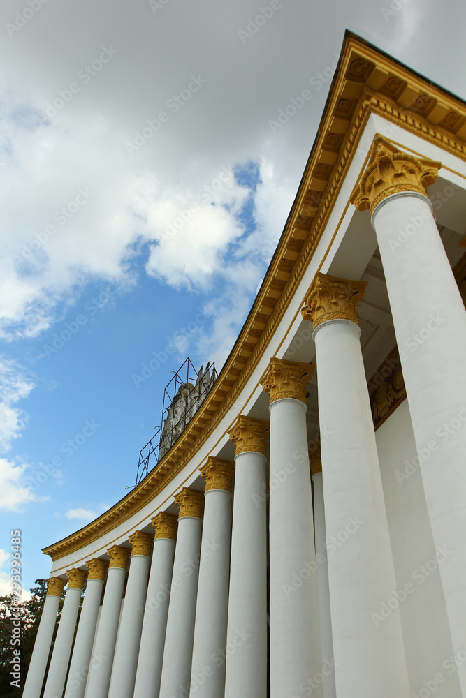 Closeup of exhibition hall in Kyiv, soviet building with many columns ...
