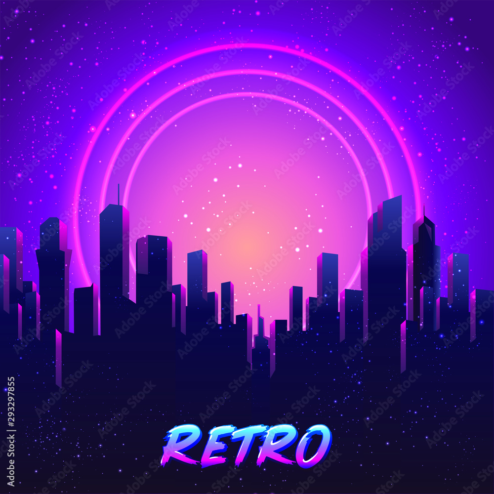Vector futuristic synth wave illustration. 80s Retro poster Background ...
