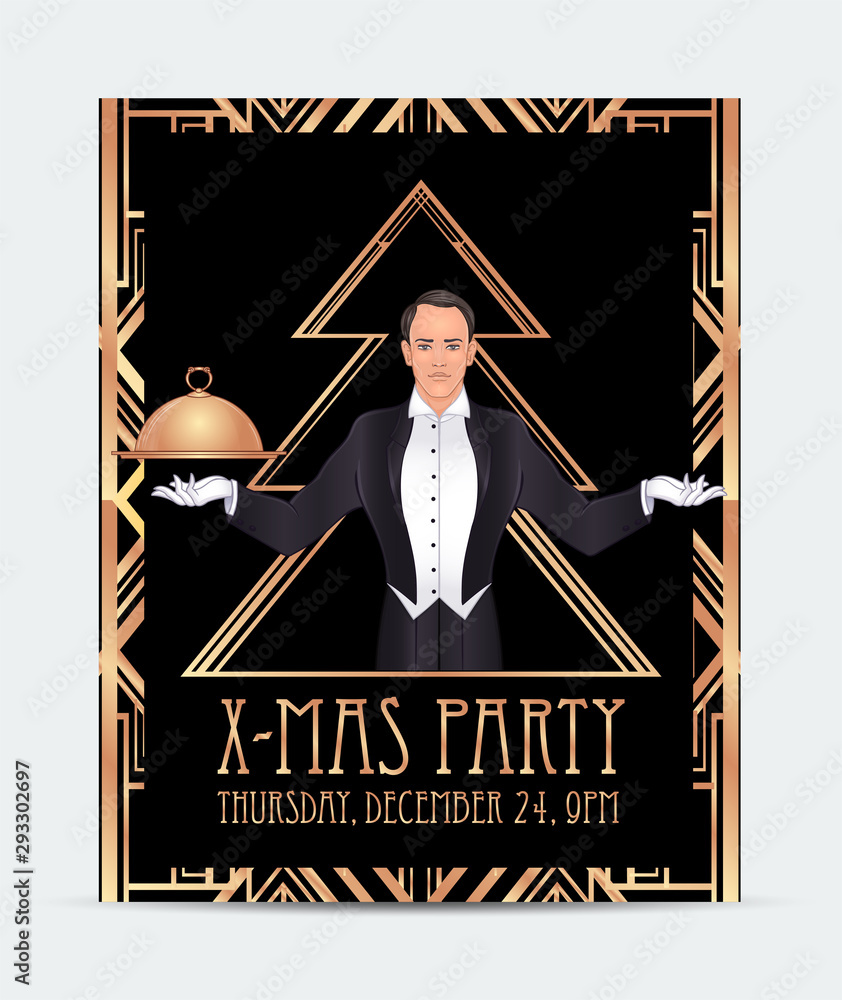 Art Deco vintage invitation template design with illustration of man ...