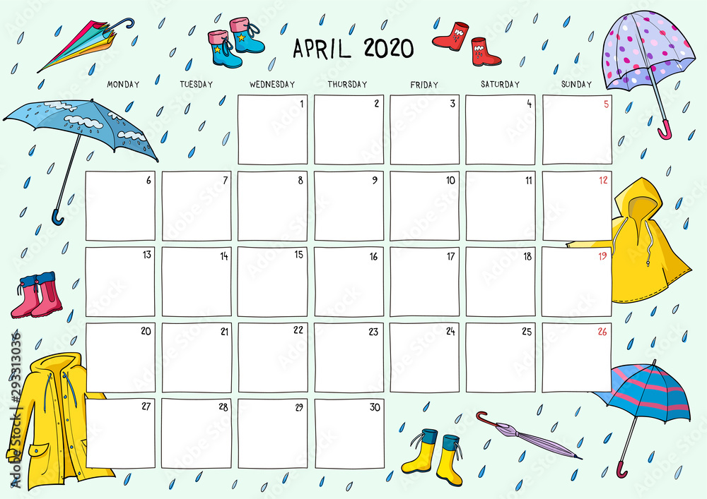 Cute calendar and planner for April 2019. Blue background with colorful ...