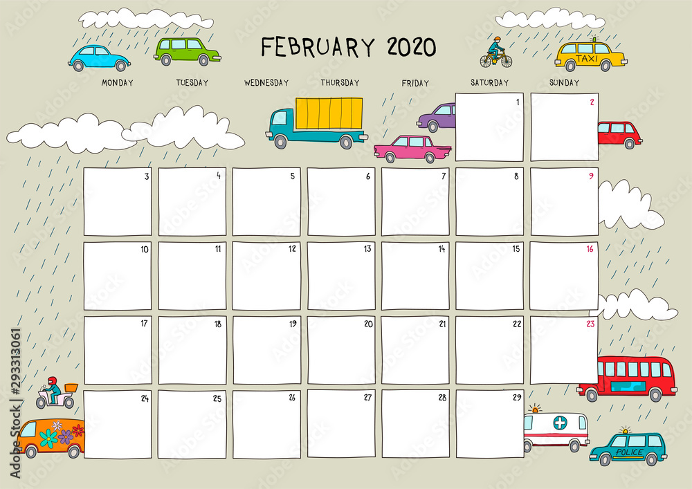 Cute calendar and planner for February 2020. Beige background with ...