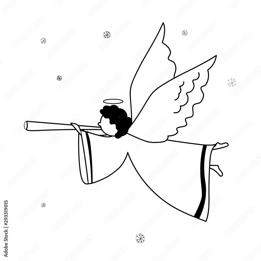 Isolated angel with halo and the flute on white background. Doodle ...