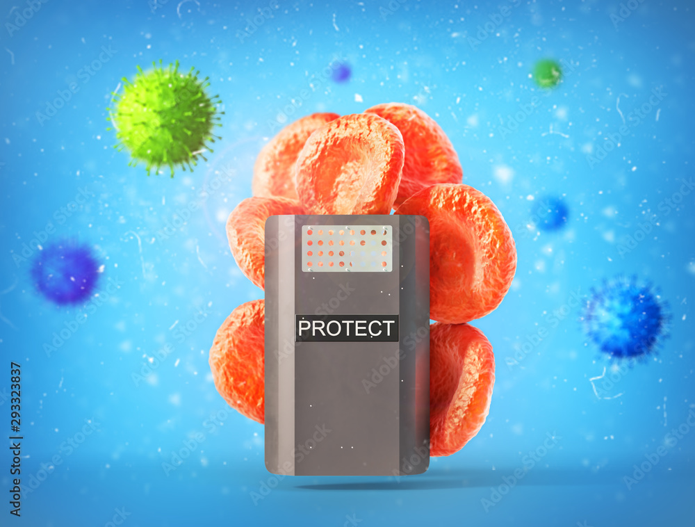 Biology protection. Blood cells behind the shield. 3d illustration ...