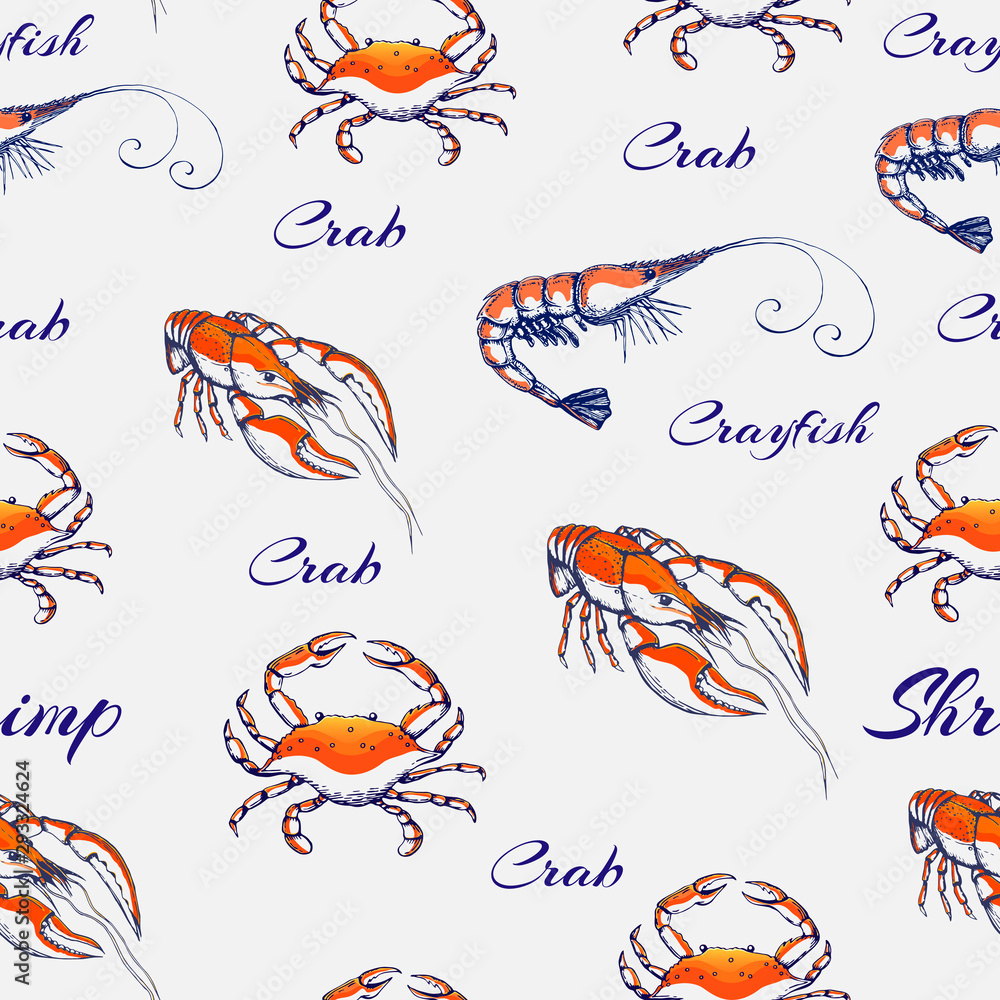seamless vector Seafood pattern on gentle gray backdrop. hand drawn ...