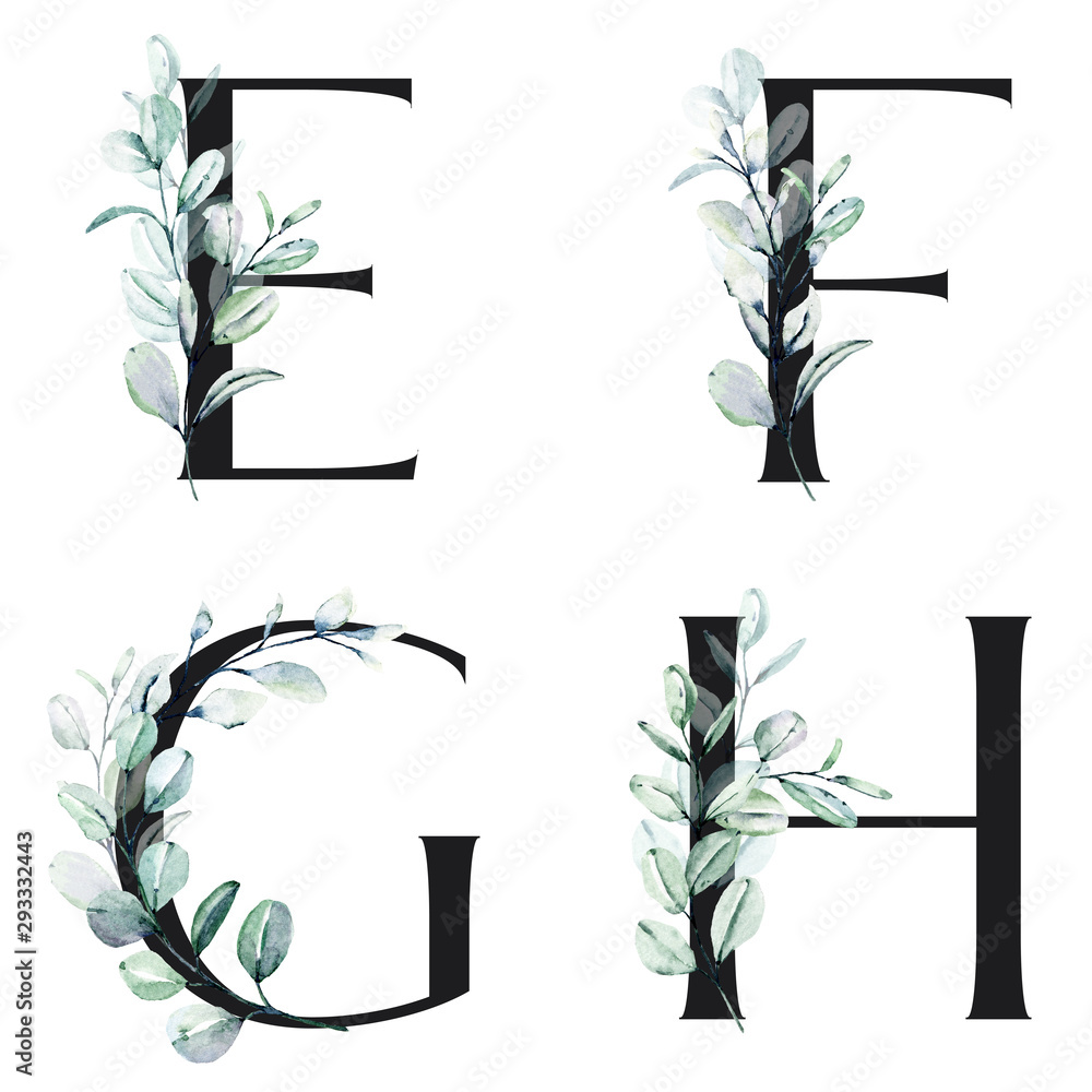 Floral alphabet, letters with watercolor leaf eucalyptus. Monogram ...