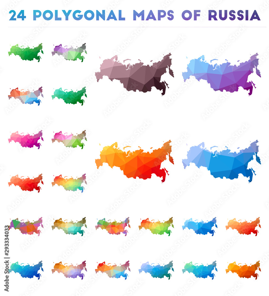 Set of vector polygonal maps of Russia. Bright gradient map of country ...